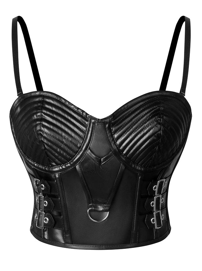 Gothic Spaghetti Straps Faux Leather Bustier Crop Top with Buckles ...
