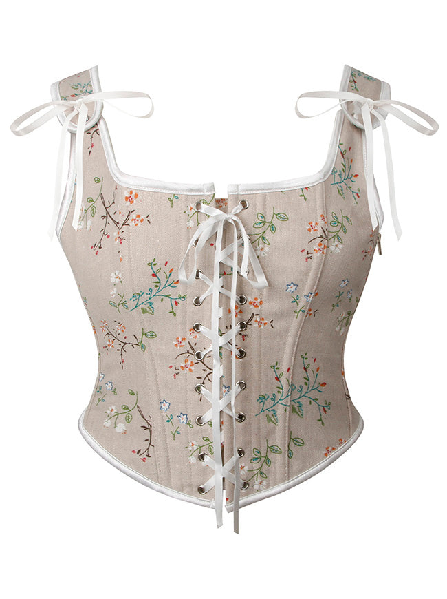 Vintage Floral Lace Up Tie Front Overbust Boned Bustier Bodice Corset ...